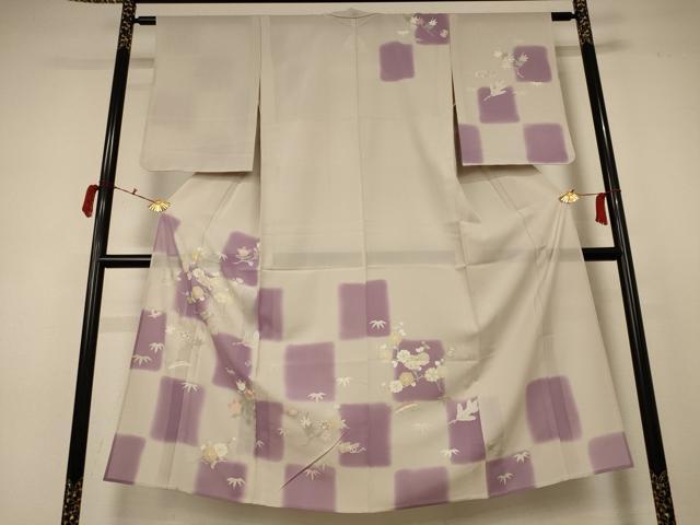 平和屋着物＊夏物　訪問着　絽　市松草花文　銀彩　正絹　逸品　AABC3452jd