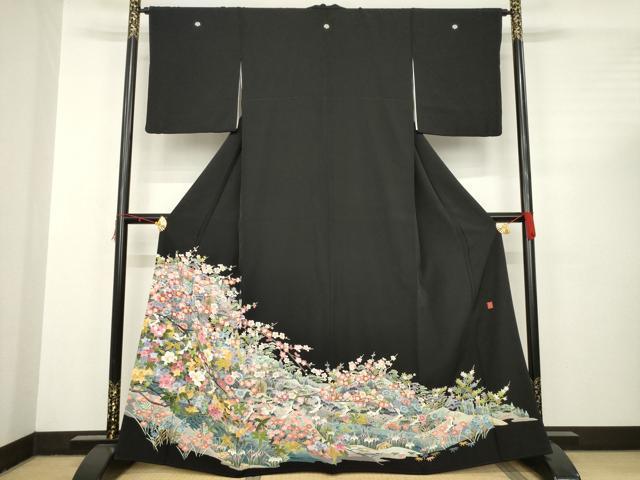 平和屋着物●本加賀友禅作家　谷崎善治　黒留袖　飛鶴風景花文　正絹　逸品　AABC3559ck