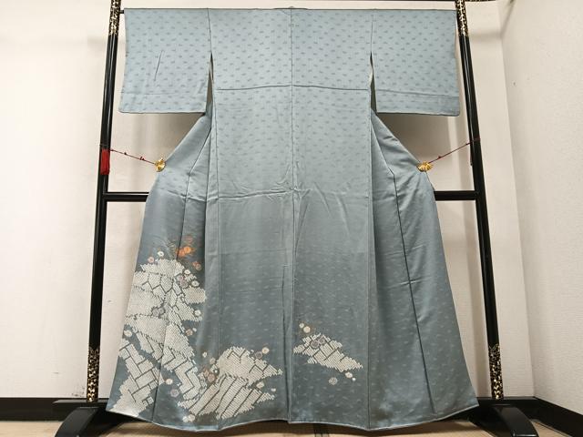 平和屋着物●訪問着　駒刺繍　絞り　草花文　金彩　正絹　逸品　AABC3647ph