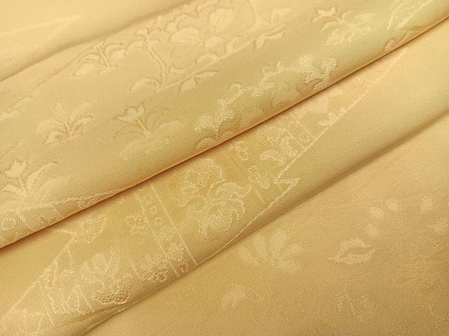 平和屋着物●上質な色無地　草花地紋　蜂蜜色　正絹　逸品　AABC3691ph