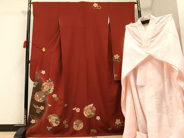 平和屋着物●豪華振袖・長襦袢(無双仕立て)セット　雪輪桜文　暈し染め　金彩　正絹　逸品　AABC3705ph