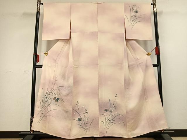 平和屋着物▽訪問着　単衣　手描き　草葉文　暈し染め　正絹　逸品　AABC3840fy