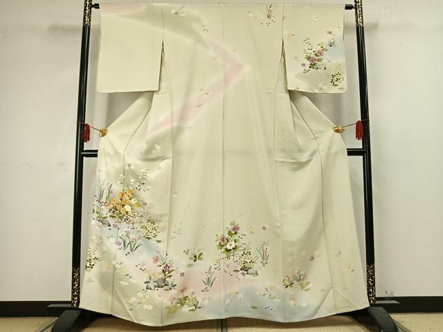平和屋着物▽訪問着　単衣　駒刺繍　草花文　暈し染め　金彩　正絹　逸品　AABC3932fy