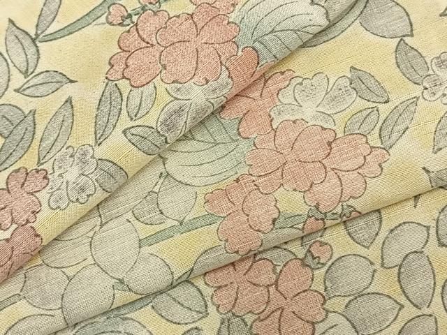 平和屋着物▽上質な紬　単衣　草花文　正絹　逸品　AABC4036fy