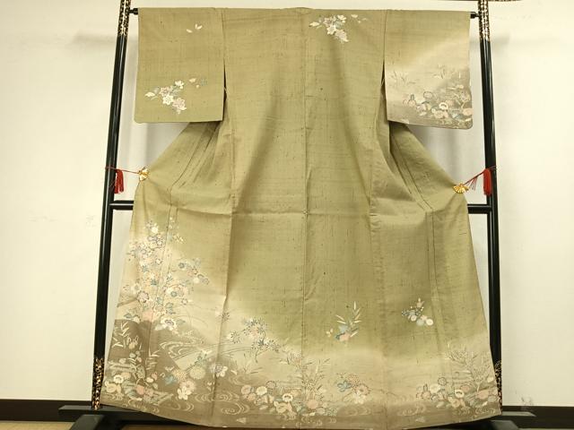 平和屋着物▽染織の名門　しょうざん  生紬　訪問着　単衣　草花文　暈し染め　金彩　正絹　逸品　AABC4048fy