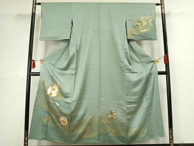 平和屋着物▽訪問着　単衣　駒刺繍　吉祥花文　金彩　正絹　逸品　AABC4055fy