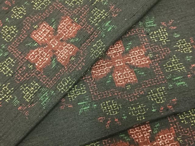 平和屋着物▽上質な紬　単衣　80亀甲　吉祥花文　黒地　正絹　逸品　AABC4069fy