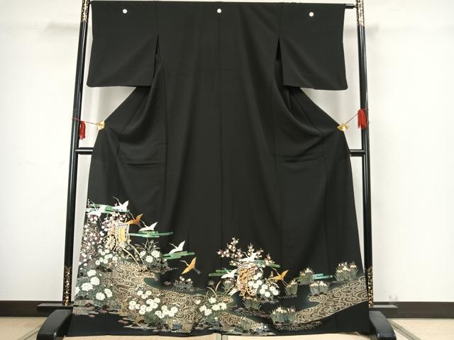 平和屋着物▽豪華黒留袖　単衣　御所車花文　鶴　黒地　金彩　ロング丈　正絹　逸品　AABC4081fy