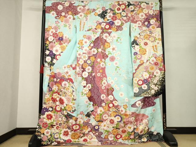 平和屋着物●豪華振袖　駒刺繍　扇面吉祥花文　金彩　ロング丈　正絹　逸品　AABC4186ck