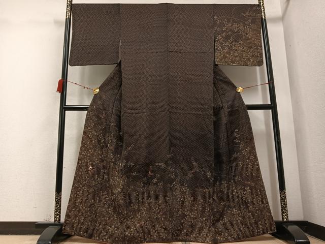 平和屋着物●訪問着　刺繍　花蝶文　黒地　金彩　正絹　逸品　AABC4482ph