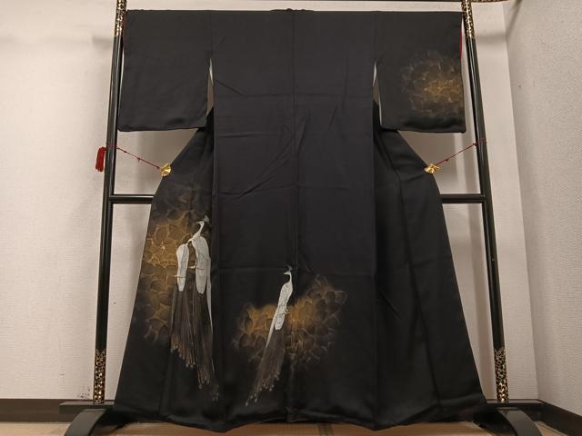平和屋着物●訪問着　孔雀文　黒地　金彩　正絹　逸品　AABC4495ph