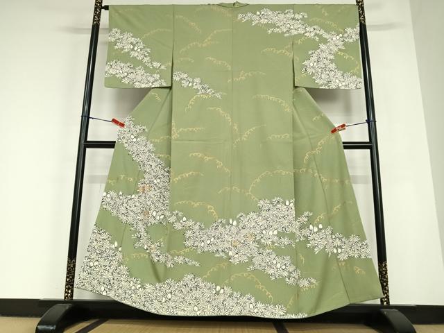 平和屋着物●訪問着　駒刺繍　雪輪重ね花文　金彩　丹後ちりめん　反端付き　正絹　逸品　AABC4809zg