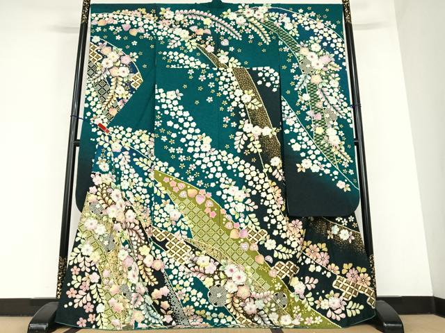 平和屋着物●越後十日町の一流染匠 桐屋・翠山工房 徳永憲峯 振袖 辻が花 絞り 暈し染め 金彩 銀通し地 ロング丈 正絹 逸品 AABC4822zg