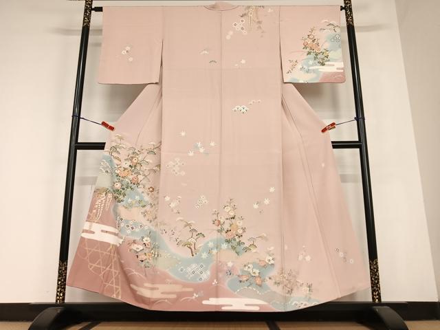 平和屋着物●訪問着　友禅　駒刺繍　中国三大刺繍　スワトウ刺繍　汕頭刺繍　草花松文　暈し染め　正絹　逸品　AABC4853zg