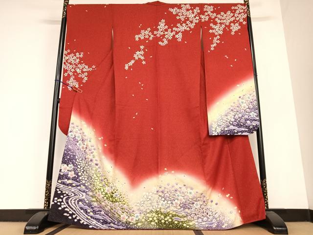 平和屋着物●豪華振袖　絞り　流水舞花文　暈し染め　金通し地　正絹　逸品　AABC4862zg