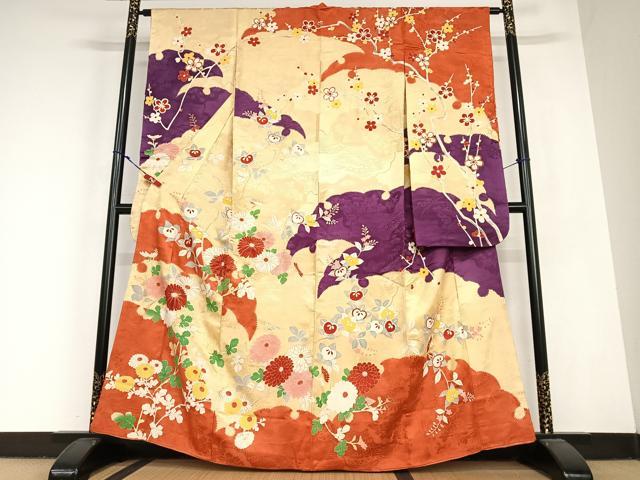 平和屋着物●アンティーク　大正ロマン　振袖　草花文　正絹　逸品　AABC4871zg