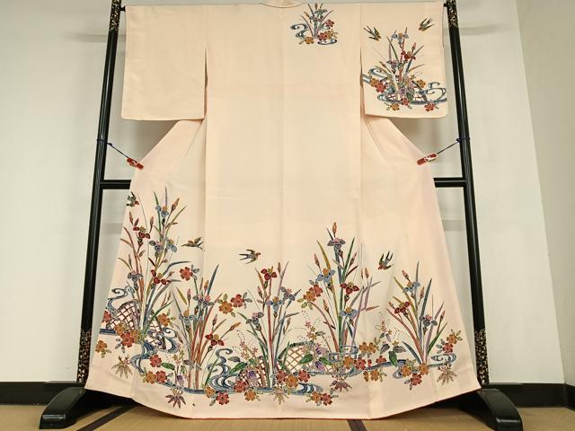 平和屋着物●紅型　訪問着　花鳥籬文　鬼しぼ縮緬　正絹　逸品　未使用　AABC4916zg