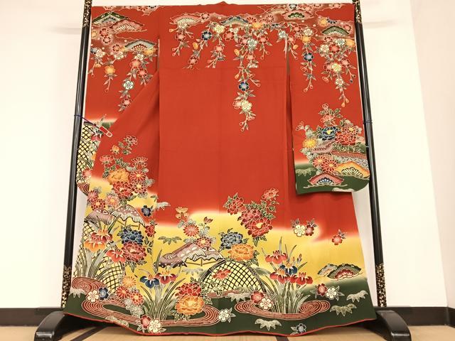 平和屋着物●紅型　振袖　流水風景草花文　暈し染め　正絹　逸品　AABC4929zg