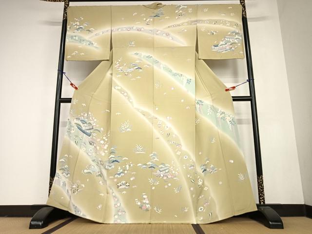 平和屋着物●訪問着　友禅　松竹梅風景文　暈し染め　正絹　逸品　AABC4987zg