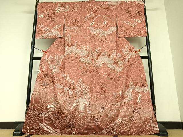 平和屋着物●訪問着　絞り　刺繍　草花文　金糸　ロング丈　正絹　逸品　AABC5042zg