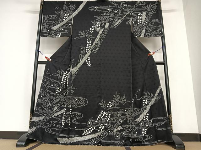 平和屋着物●訪問着　絞り　流水短冊梅松花文　黒地　正絹　逸品　AABC5045zg