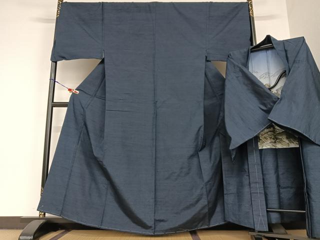 平和屋着物●男性　紬　アンサンブル　色無地　濃藍色　キングサイズ 正絹　逸品　AABC5074zg