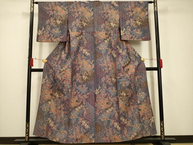 平和屋着物▽小紋　単衣　流水鴛鴦花文　金彩　洗える着物　AABC5274sx