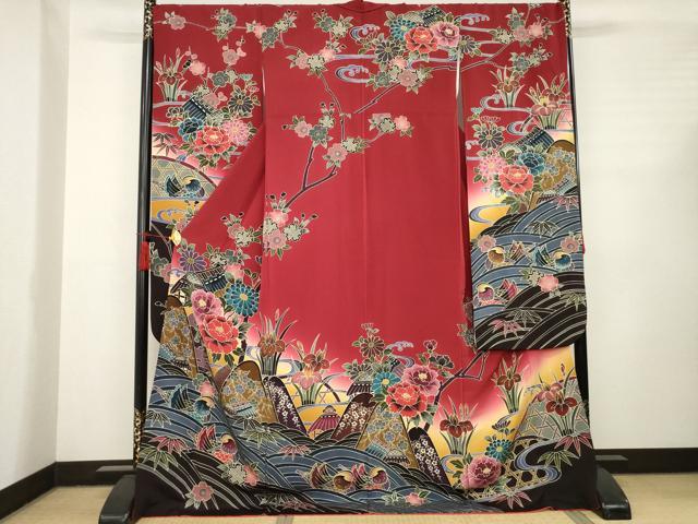 平和屋着物●豪華振袖　紅柄　風景鴛鴦花文　ロング丈　正絹　逸品　AABC5620ck