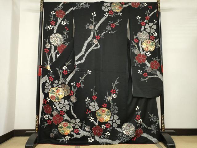 平和屋着物●豪華振袖　駒刺繍　絞り　枝花文　黒地　金彩　ロング丈　正絹　逸品　AABC5631ck