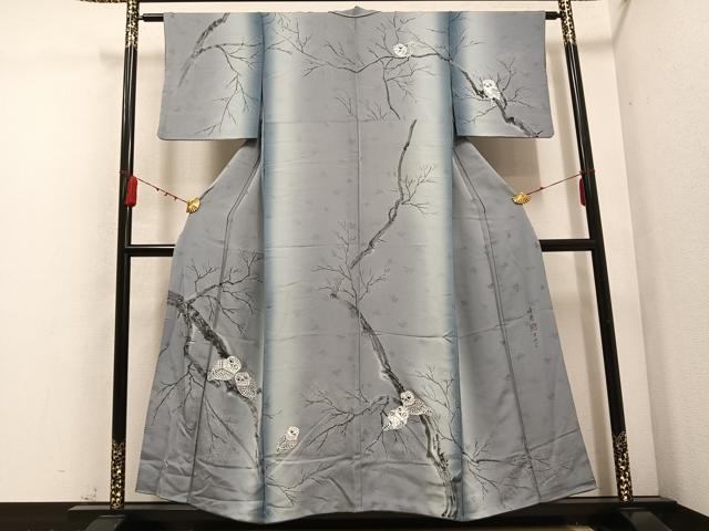 平和屋着物●訪問着　作家物　手描き　梟　ふくろう　暈し染め　正絹　逸品　AABC6023ph