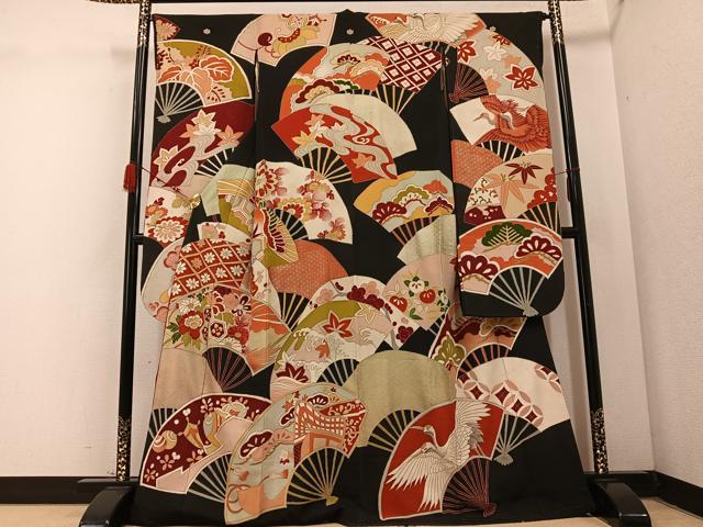 平和屋着物●アンティーク　大正ロマン　振袖　刺繍　扇面飛鶴花文　黒地　金彩　正絹　逸品　AABC6058ph