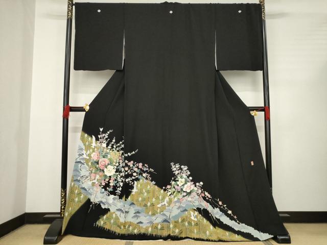 平和屋着物●十日町友禅作家　岡村蒼風　黒留袖　草花文　ロング丈　正絹　逸品　AABC6126ck