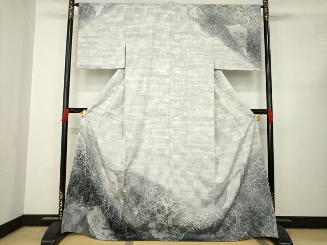 平和屋着物●訪問着　紬地　幾何学文様　ろうけつ染め　暈し染め　正絹　逸品　AABC6131ck