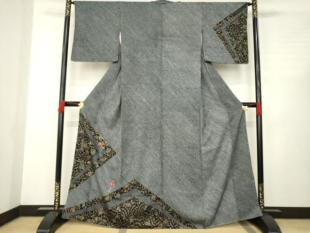 平和屋着物●訪問着　総絞り　刺繍　幾何学花文　黒地　金彩　正絹　逸品　AABC6133ck