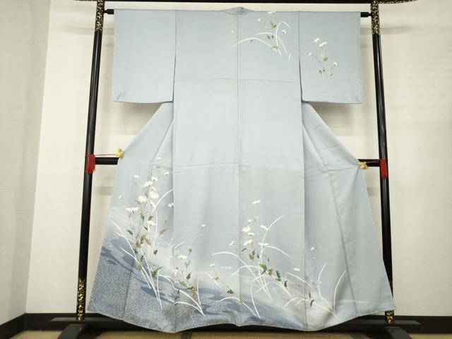 平和屋着物●訪問着　友禅　作家物　流水草花文　正絹　逸品　AABC6136ck