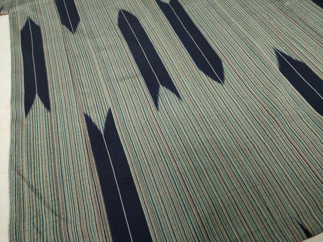 平和屋着物○お召 矢羽根文 ロング丈 正絹 逸品 AABC6141ck