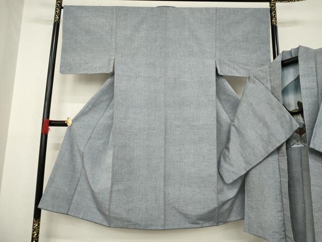 平和屋着物●男性　紬　アンサンブル　色無地　桔梗鼠色　正絹　逸品　AABC6160ck