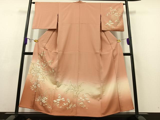 平和屋着物▽訪問着　単衣　駒刺繍　松竹梅文　暈し染め　金糸　金銀彩　正絹　逸品　AABC6166jh