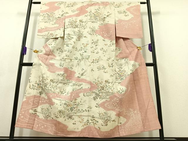 平和屋着物▽染織の名門　しょうざん  生紬　訪問着　単衣　絞り　流水花文　正絹　逸品　AABC6168jh