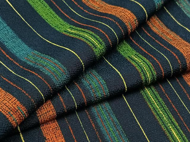 平和屋着物▽上質な小紋　単衣　縞　鬼しぼ縮緬　正絹　逸品　AABC6190jh