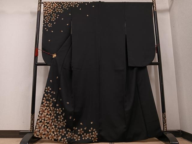 平和屋着物●小振袖　二尺袖　舞桜　黒地　洗える着物　AABC6822ph