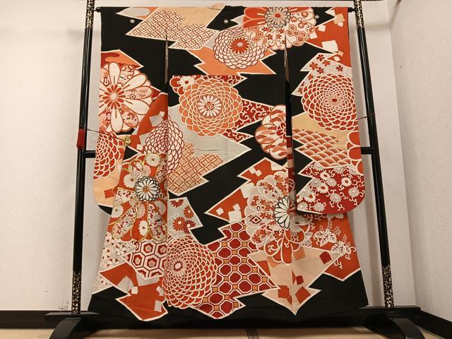 平和屋着物●セミアンティーク　振袖　駒刺繍　吉祥花唐草宝尽くし文　金彩　正絹　逸品　AABC6827ph