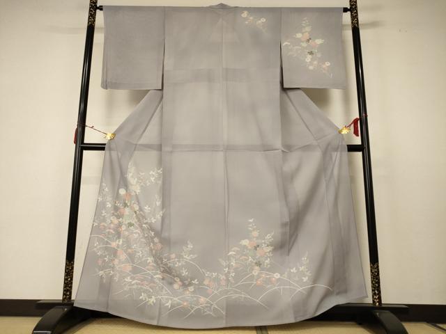 平和屋着物＊夏物　訪問着　絽　草花文　銀彩　正絹　逸品　AABC6933jd