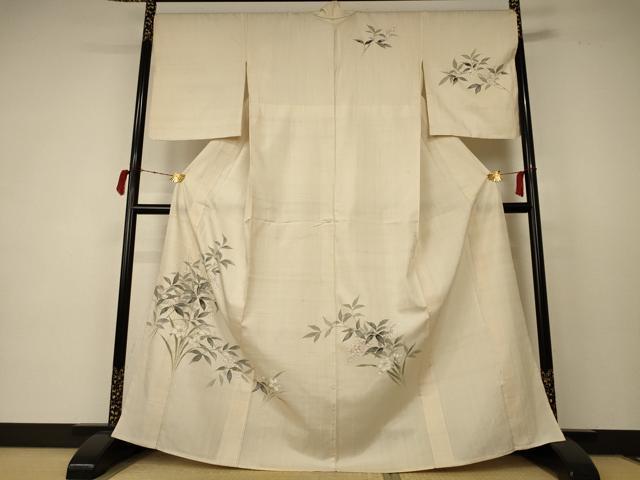 平和屋着物▽訪問着　単衣　紬地　手描き　草花文　正絹　逸品　AABC6987jd