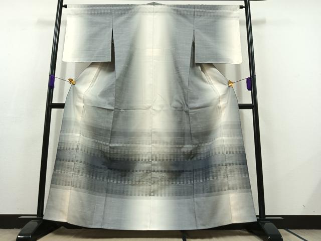 平和屋着物▽訪問着　単衣　紬地　花織　横段文　正絹　逸品　AABC7488jh
