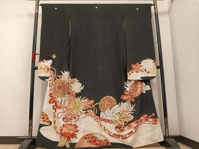 平和屋着物●アンティーク　大正ロマン　刺繍　花尽し　黒地　金彩　正絹　逸品　AABC8002ph