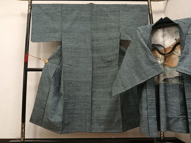 平和屋着物●男性　紬　アンサンブル　色無地　灰色　正絹　逸品　未使用　AABC8060ph