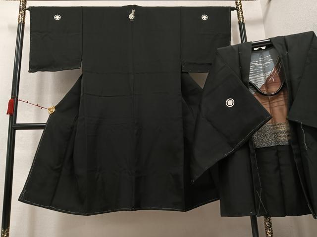 平和屋着物●男性　黒紋付　羽織セット　正絹　逸品　未使用　AABC8071ph