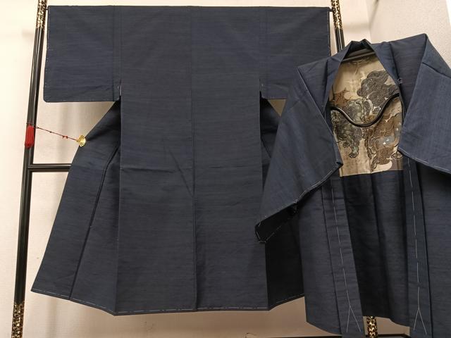 平和屋着物●男性　紬　アンサンブル　色無地　藍鉄色　正絹　逸品　未使用　AABC8072ph