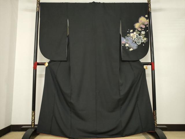 平和屋着物●小振袖　二尺袖　舞花文　黒地　洗える着物　AABC8090ck